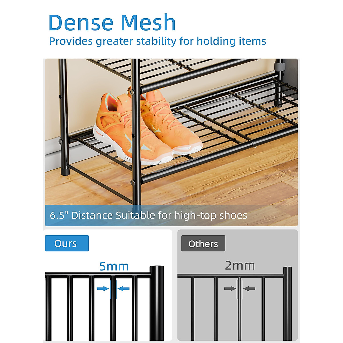 MWQ 6 Tier Shoe Rack Metal with Side Pocket, Sturdy Tall Shoe Organizer Storage Shelf for Closet, Black