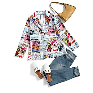 WDIRARA Women's Newspaper Pop Art Print Button Front Long Sleeve Casual Blazer Jacket Multicolored L