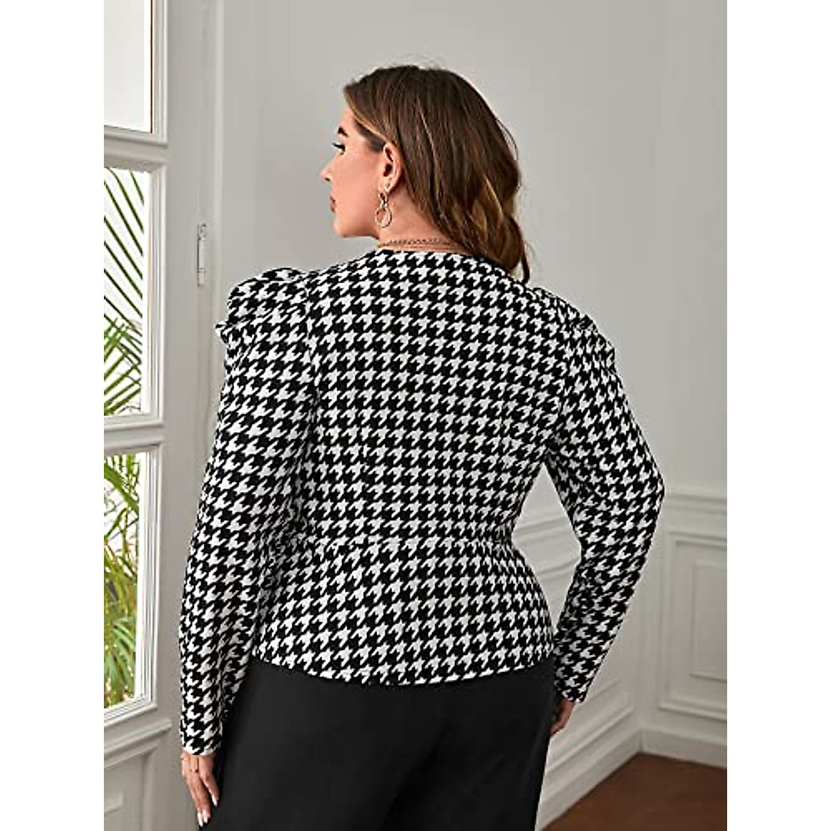WDIRARA Women's Plus Size Houndstooth Print Long Puff Sleeve Open Front Jacket Blazer Black and White 3XL