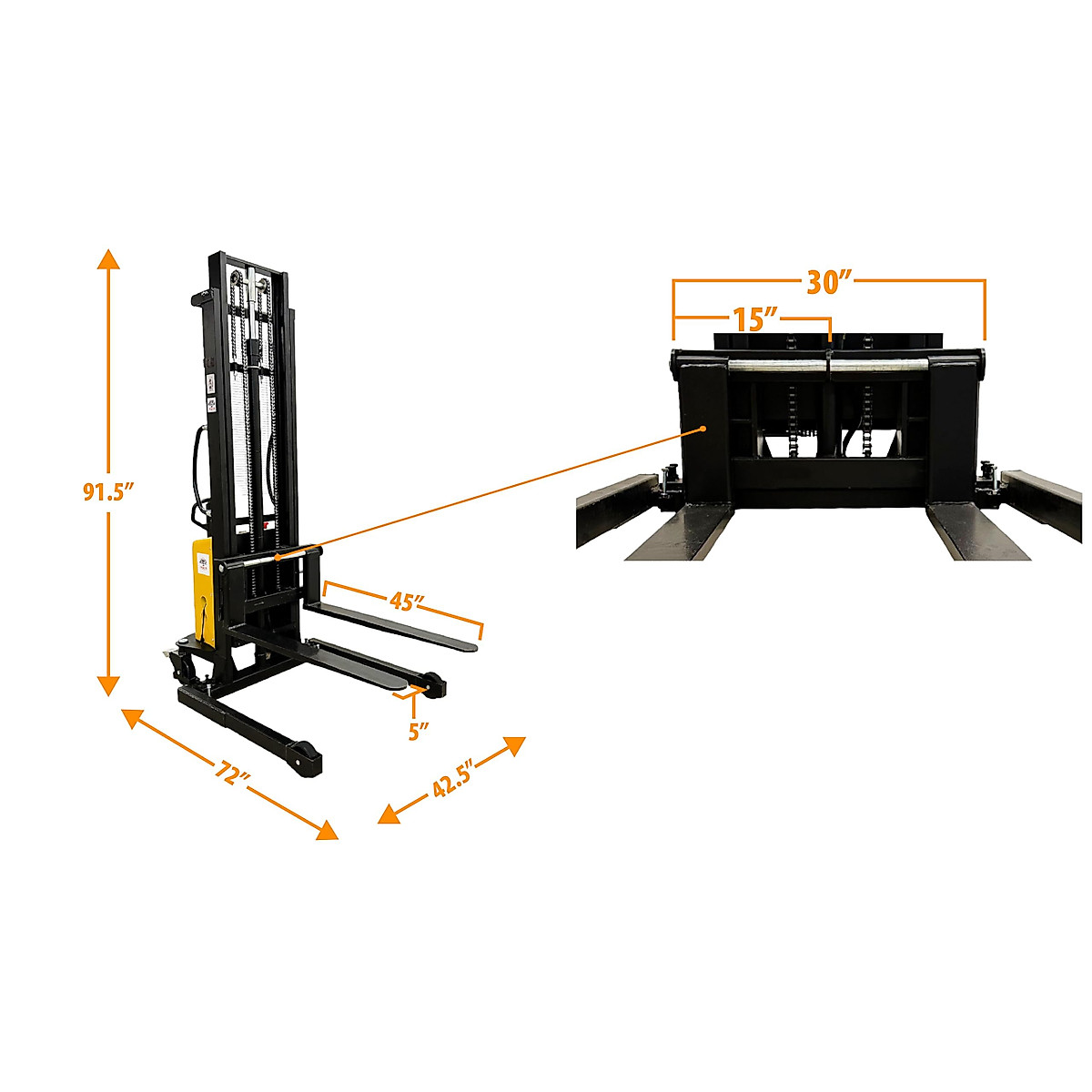 HOC EMS1535W SEMI Electric Wide Leg Pallet Stacker 3307 LBS 1500 KG Load Capacity + 138 INCH Height Capacity + Adjustable Frame Legs - North American Made