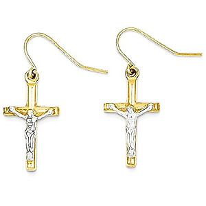 14K Two Tone Gold Lord Jesus Christ Crucifix Holy Hanging Cross Christian Religious Drop Dangle Earrings