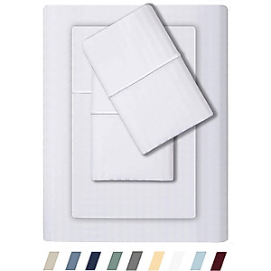 Feather & Stitch 500 TC California King Size Damask Bed Sheet Set, 100% Soft Cotton Breathable Bedsheets, 18" Deep Pockets Sateen Weave Striped Bedding Mattress Resort Hotel Luxury Décor (White)