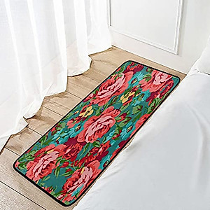 Red Green Rose Kitchen Rugs Bath Rug Runner Comfort Mat Non-Slip Doormats Carpet for Bathroom Indoor 39" X 20"