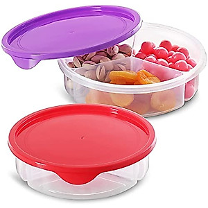 Zilpoo 2 Pack - 3 Compartment Round Plastic Food Storage Container with Lid, Divided Kids Lunch Box, Candy and Nut Serving tray w/ Cover, Keto Snack Plate, Arts, Crafts Organizer Holder, 7-Inch