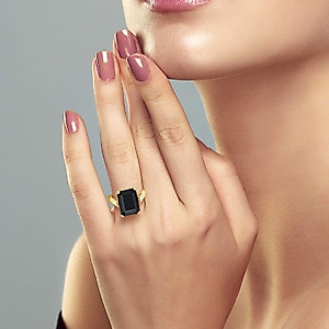 Gem Stone King 18K Yellow Gold Plated Silver Black Onyx Women Ring (6.67 Cttw, Emerald Cut 14X10MM, Gemstone Birthstone, Available In Size 5, 6, 7, 8, 9)