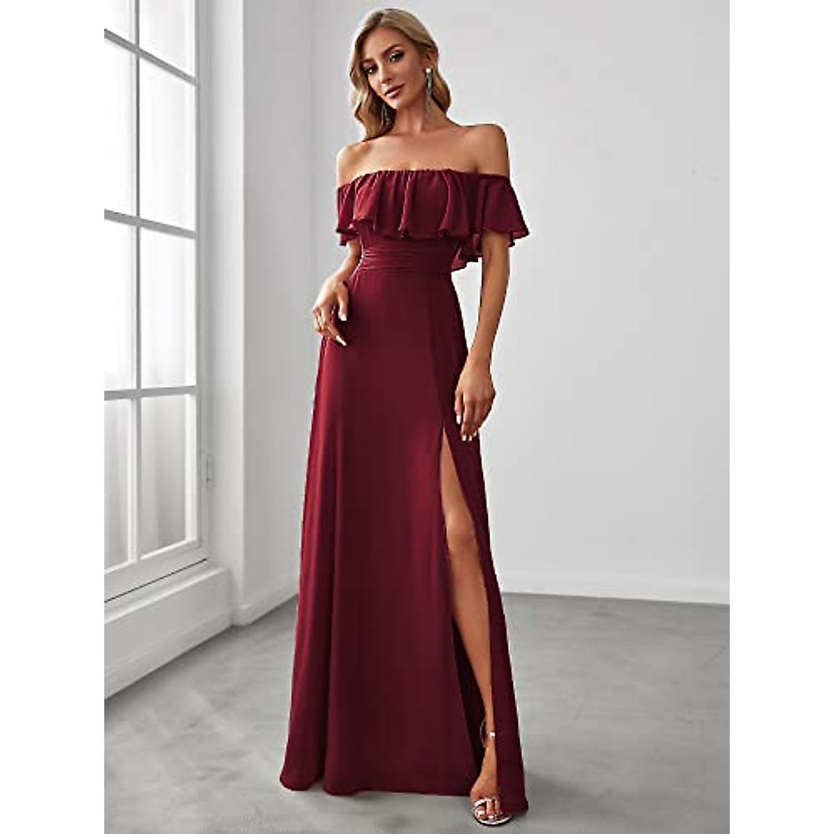Ever-Pretty Women's Off The Shoulder Bridesmaid Dresses Side Split Beach Maxi Formal Dress Burgundy US16
