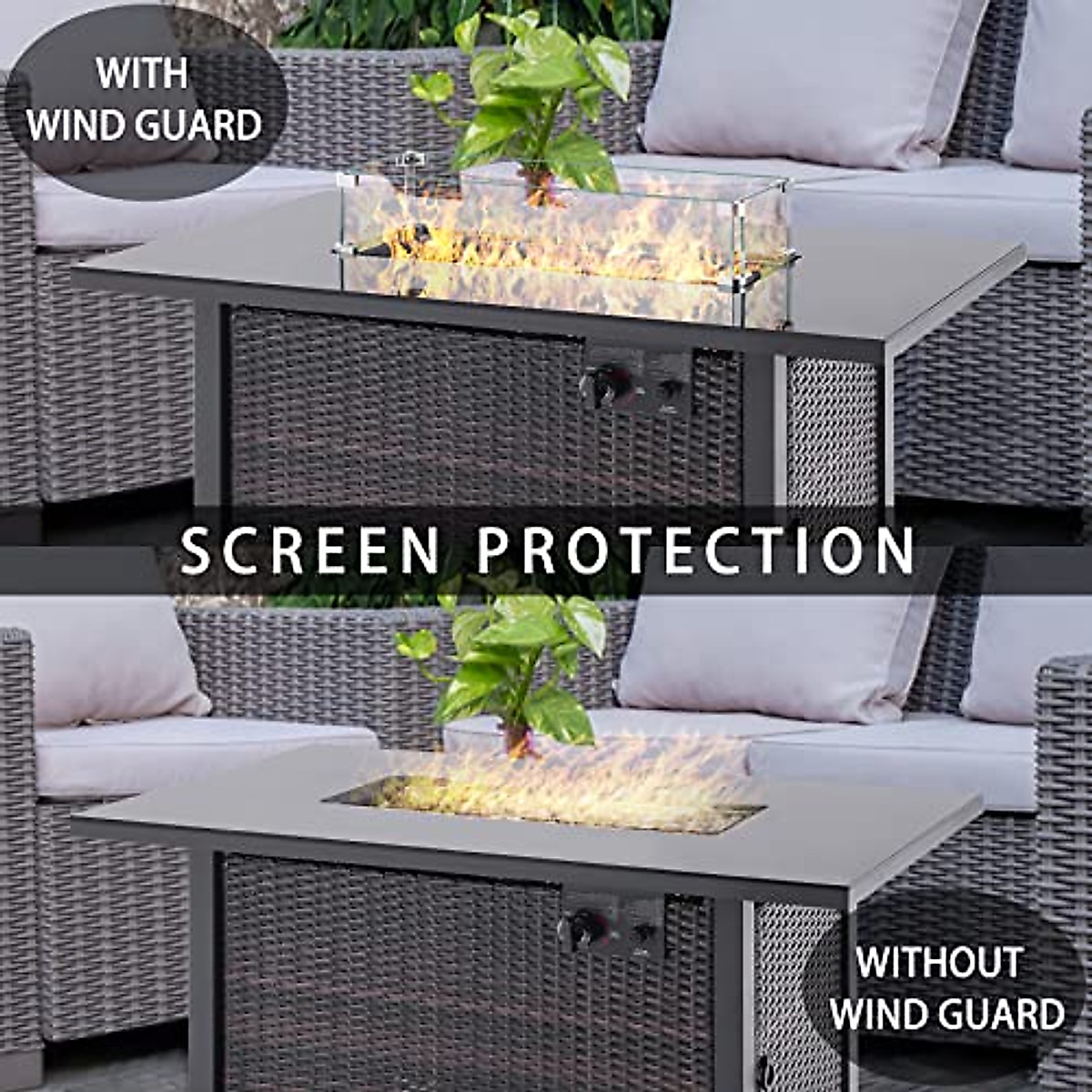 CUREALLSO Propane Gas Fire Pit Table, 43 Inch 50,000 BTU Rattan Look Auto-Ignition Outdoor Fire Tables, with Glass Wind Guard ,Waterproof Cover,CSA Approved for Garden Patio Backyard Deck Poolside