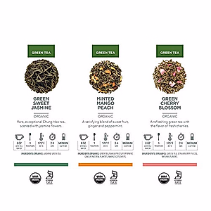 Teabloom USDA Certified Organic Loose Leaf Green Tea Trio Box -Green Sweet Jasmine, Minted Mango Peach, and Green Cherry Blossom - Radiant Greens Collection