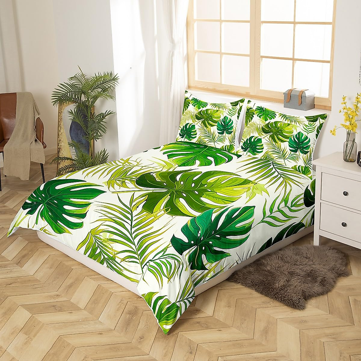 Erosebridal Botanical Leaves Comforter Cover Tropical Bedding Tree Duvet Cover Set Queen Size Green Palm Leaves Bedclothes Jungle Branches Leaf Duvet Cover+ 2 Pillow Shams for Kids Adult Room Decor