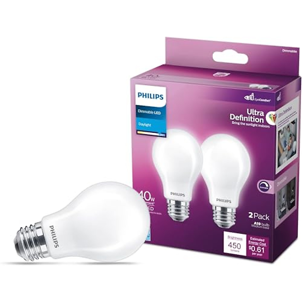 PHILIPS LED Frosted Flicker-Free Dimmable A19 Ultra Definition Light Bulb, EyeComfort Technology, 800 Lumen, Daylight (5000K), 8W=60W, E26 Base, Title 20 Certified