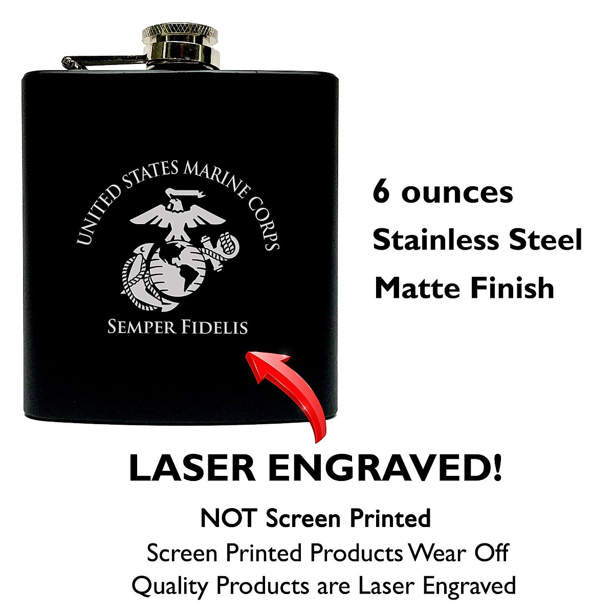 6 oz USMC Flask | Matte Black Stainless Steel Marine Corps Hip Flask for Liquor – US Marine Corps Gifts | Disabled USMC Vet Owned SMALL Business