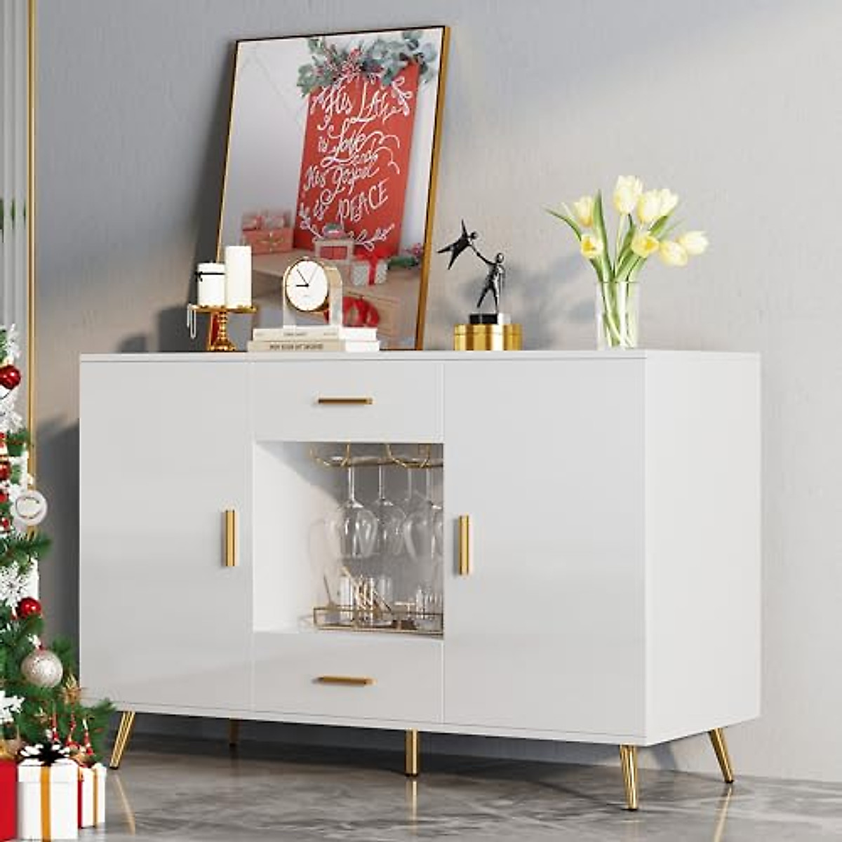 YITAHOME Sideboard Buffet, Buffet Cabinet Storage Credenza w/Adjustable Shelf, Wine Glass Holder, Drawers, Modern White & Gold Dresser 300 lbs Capacity for Living Room, Kitchen, Dining Room, White