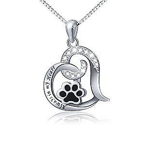 FLYOW Paw Necklace 925 Sterling Silver Always in My Heart Cute Puppy Paw Print Love Heart Pendant Necklace Memorial Gift for Women, 18"