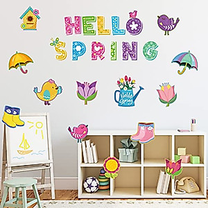 67 Pcs Hello Spring Cutouts, Spring Bulletin Board Decoration Set Flower Accents DIY Paper Cutouts with 100Pcs Glue Points Seasonal Classroom Decor for School Kindergarten Spring Party Supplies