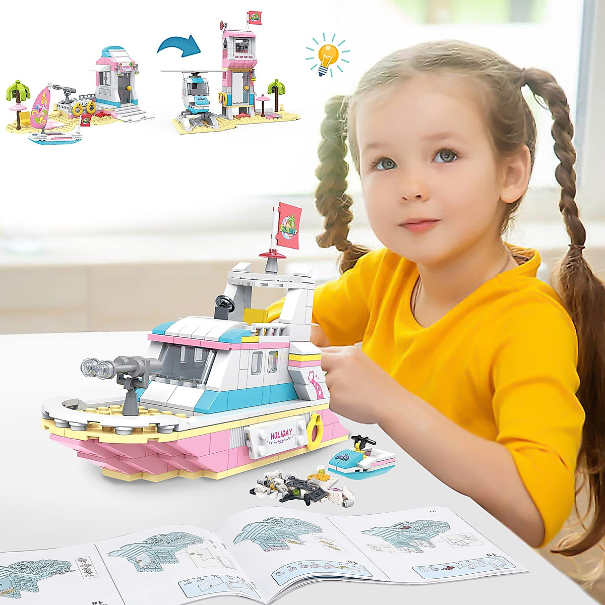 3in1 Girls Boat Cruise Ship Building Sets Friends Beach House Rescue Helicopter Building Kits Summer Holiday Adventures STEM Building Toys Creative Play Set Gift for Kids Aged 6-12, 351 Pieces