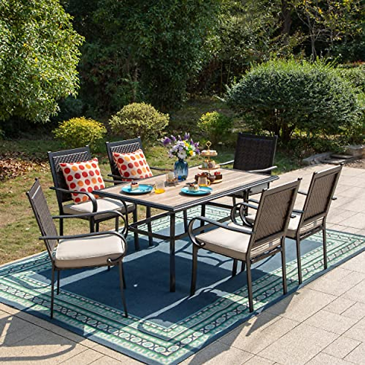 MIXPATIO Outdoor Patio Dining Set 7 Pcs, Patio Dining Table Chair Set, 6 Rattan Chairs with Cushions and 1 Dining Table with Umbrella Hole, for Lawn, Garden, Yards, Poolside