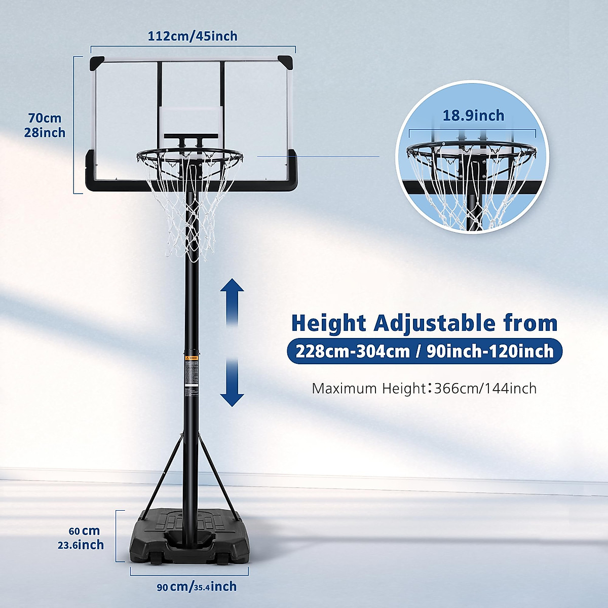 Basketball Hoop Outdoor 6.7 ft-10ft Height Adjustable Basketball Goal Portable Basketball Hoop with 44'' Basketball Backboard Wheels for Adults Youth Outdoor