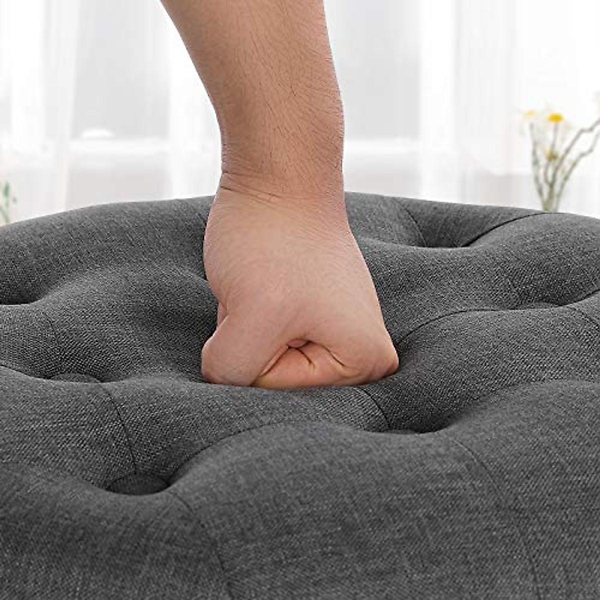 SONGMICS Round Storage Ottoman, Footstool, Shoe Bench, Extra Seat, Solid Wood Legs, Buttons Decoration, Holds up to 220 lb, 17.7" x 17.7", Pre-assembled