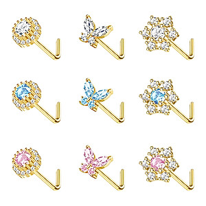 Drperfect 9PCS Nose Ring Stud for Women 20G Stainless Steel L-Shape Nose Rings CZ Butterfly Snowflake Nose Studs Assorted Nose Piercing Jewelry (Gold Tone)