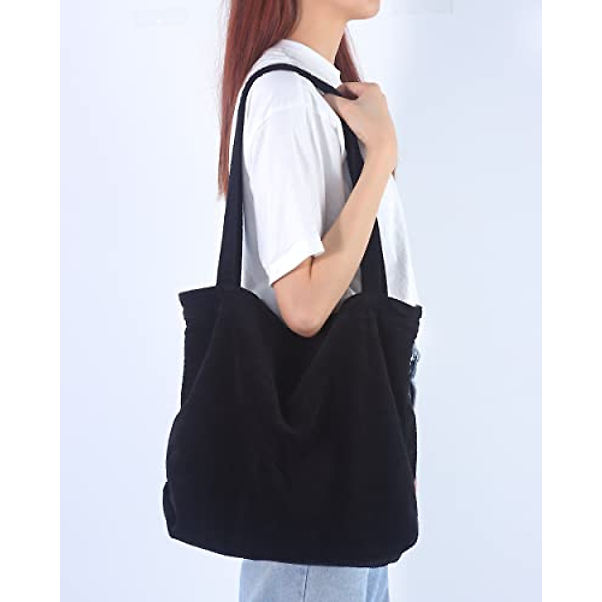 TCHH-DayUp Large Corduroy Tote Bag for Women Girl Casual Work Shoulder Handbags Simple Canvas Purse Black