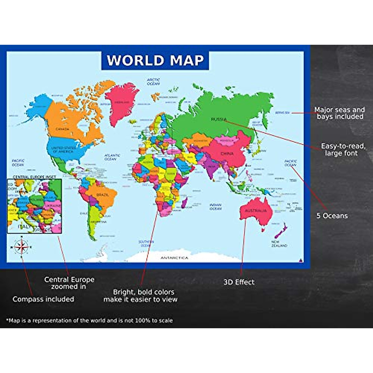 World Map Poster, United States USA Map, Solar System Posters for Kids - Laminated, Size 14x19.5 in.- Educational Posters for Elementary Classroom Decorations, Teacher Supplies (Maps and Solar)
