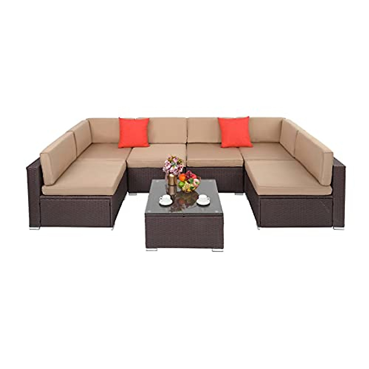 New Outdoor Courtyard Modular Furniture Set 7-Piece Rattan Sofa, Rattan Garden deep seat Dialogue Sofa with seat Cushion Tempered Glass Table