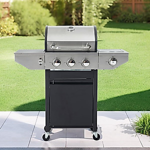 Propane Grill with Side Burner and Temperature Gauge - Stainless Steel Gas Grill with 3 Heads and 430 Thickness - Outdoor Cooking Grill with Electronic Ignition System and Cast Iron Cooking Grids