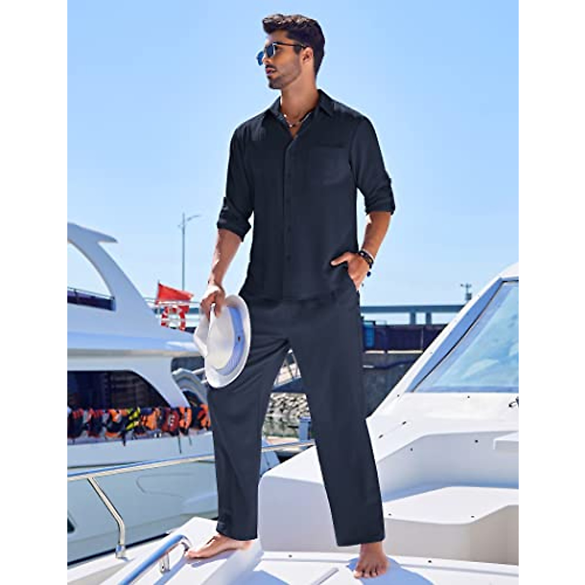 COOFANDY Men's 2 Pieces Linen Set Button Down Shirts and Loose Pants Wide Leg Baggy Beach Yoga Trousers Outfits