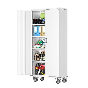Superday 74” Metal Cabinet with Wheels, Lockable Steel Utility Cabinet with 2 Doors and 4 Adjustable Shelves, Tall Storage Cabinet for Garage, Home Office, Kitchen Pantry, Living Room, Bedroom, White