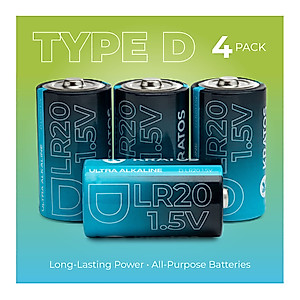Kratos Power D Batteries - 4 Pack Alkaline Batteries - Long-Lasting All-Purpose D Battery - 10 Year Shelf Life - Mercury & Cadmium Free Flashlight Batteries - Disposable Replacement Batteries