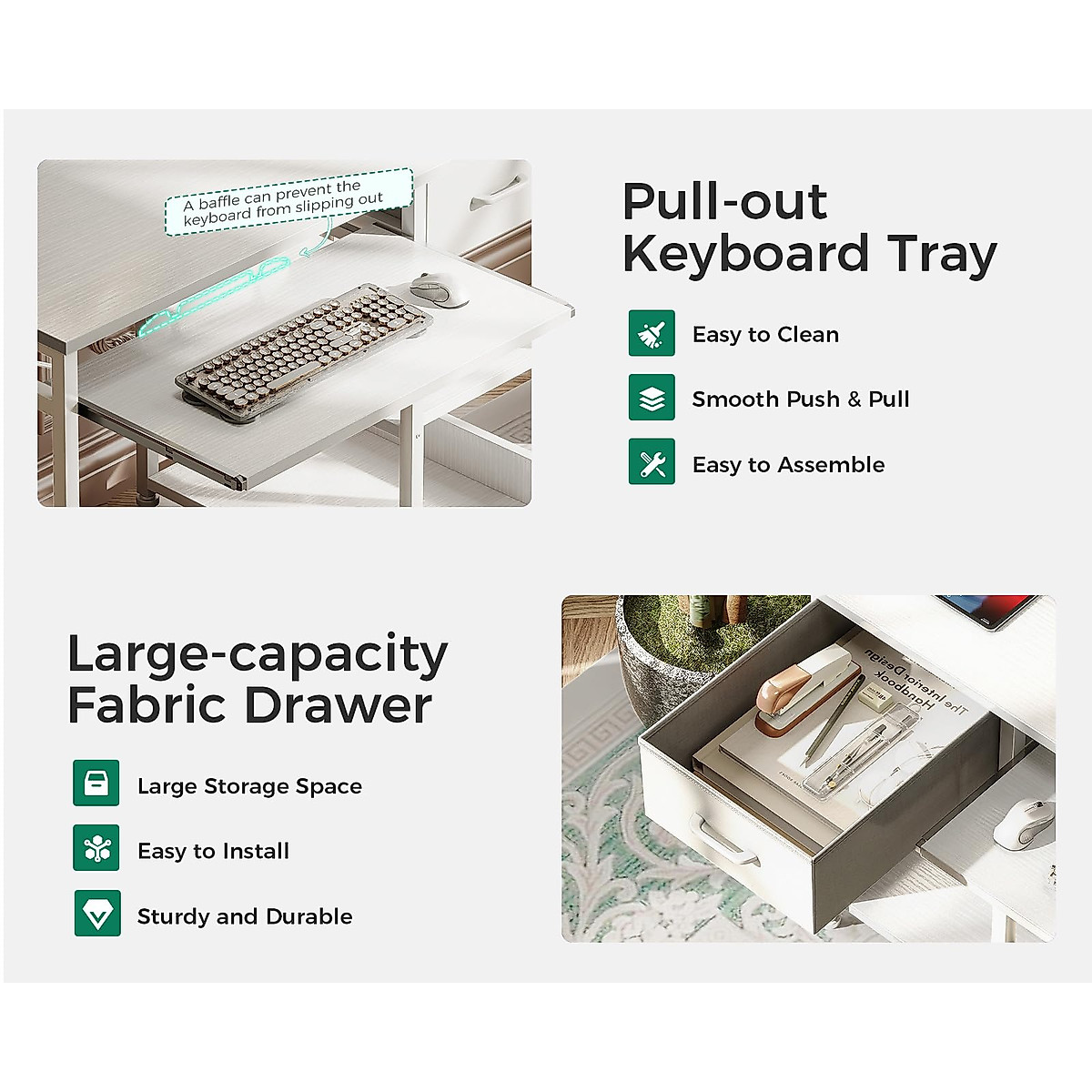 AODK Small Computer Desk with Keyboard Tray, 40 Inch Office Desk with Power Outlet, Work Desk with Drawer, Reversible Desk with Adjustable Monitor Shelf and Storage Shelf for Home Office, White