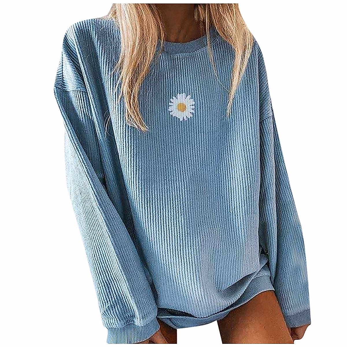 PGOJUNI Crewneck Sweatshirts for Teen Girls, Womens Sweatshirt Loose Waffle Daisy Graphic Casual Long Sleeve Basic Blouse Pullover