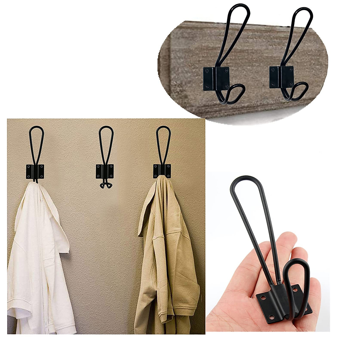 YMAISS 5 Packs of Rustic Heavy Duty Double Coat Hooks,Vintage Wall Mounted Hangers,Metal Decorative Entryway Hat Hook Black Big, Farmhouse Shabby Chic Hanging Look with Screws Included