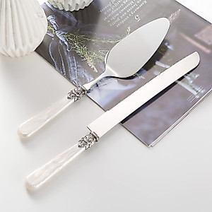 CATHYLIN Wedding Cake Knife and Serve Set, Fancy Hand Craft Italian Style Design, White Pearl Pie Knife Server Set, Vintage Silverware,Cake Cutter Set, Cake Knife Gift Set, 2 pcs
