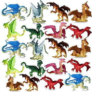 Bedwina Mini Dragon Toy Figures - (Pack of 36) 2 Inch Plastic Rubbery Dragon Figurines in Assorted Colors and Styles - Kids Toys for Birthday Party Favors, Decorations, Cupcake Toppers and Piñatas