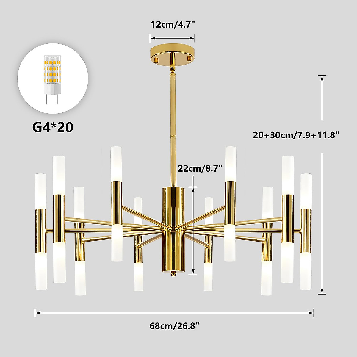 BOKT Modern Small 20-Lights LED Sputnik Chandelier Brushed Brass Gold Sputnik Chandelier Mid Century Modern Globe Wall Sconce Set of Two Plug in Cord Brushed Gold Bathroom Wall Sconce Light