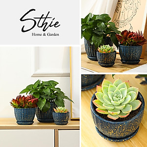 STHIE Ceramic Plant Pots with Drainage Holes and Saucers, Round Blue Flower Pots for Indoor Plant, Diameter 3.3/4.3/5.5 Inches Small Mini Flower Planters Set of 3