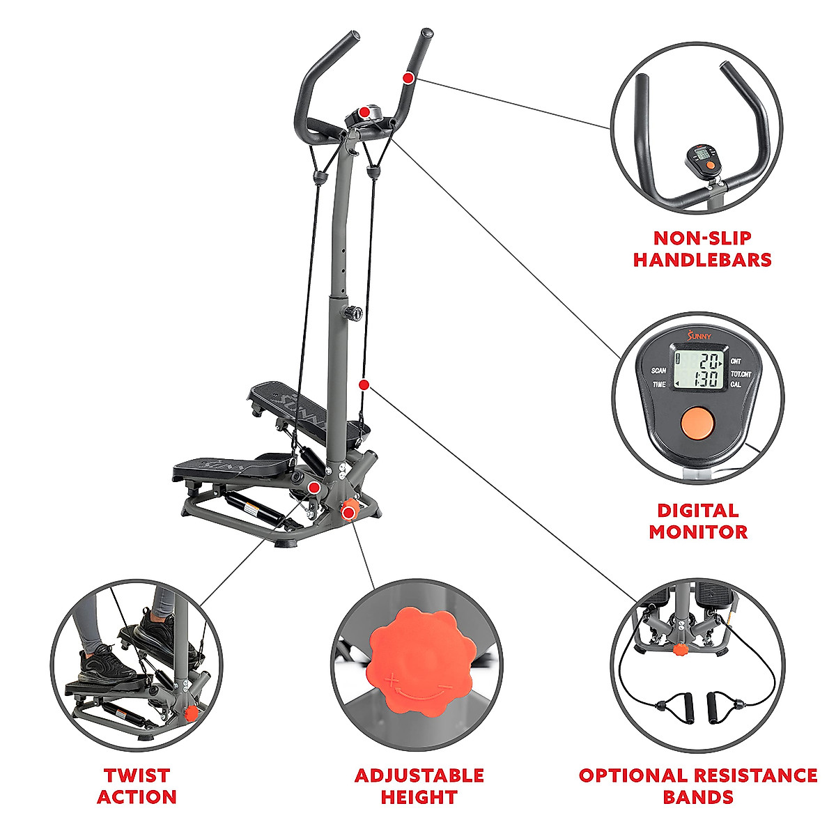Sunny Health & Fitness Handlebar Fitness Step Machine with Resistance Bands - SF-S020065