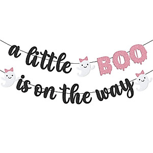 Halloween Girl Baby Shower Decorations, A Little Boo Is On The Way Banner, Pink and Black Glitter Halloween Birthday Decorations, Pink Halloween Baby Shower Decor, A little Boo Is Almost Due Banner