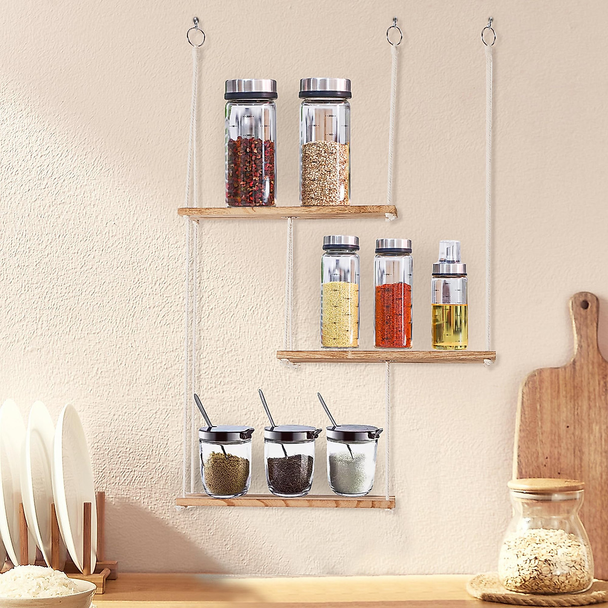 LUNKOEN Lunkeon 3 Tier Macrame Wall Hanging Shelves Boho Room Decor Handmade Cotton Rope,Wooden Hanging Storage Floating Shelves for Small Plants Books Decor,Living Bedroom Room Bedroom