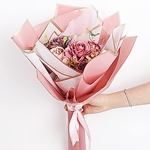 Whaline 30 Sheet Floral Wrapping Paper Folded Flat Pink Black White Waterproof Flowers Bouquet Packaging Paper with Rose Gold Border Double Sided Florist Packaging Paper for Wedding Birthday Flower Shop DIY Craft