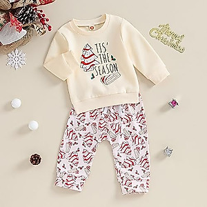 Infant Toddler Baby Boy Girl Christmas Outfit Tis The Season Sweatshirt Top Christmas Tree Cake Pants Set My 1st Xmas Clothes (Beige, 18-24 Months)
