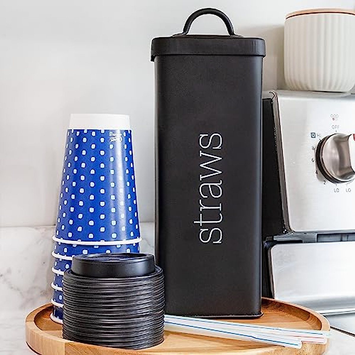 AuldHome Farmhouse Enamelware Straw Holder (Black); Retro Metal Straw Storage Canister