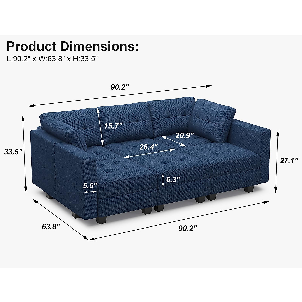 Belffin Modular Sleeper Sofa with Storage 6 Seat Sectional Couch Modular Sofa Bed for Living Room, Blue