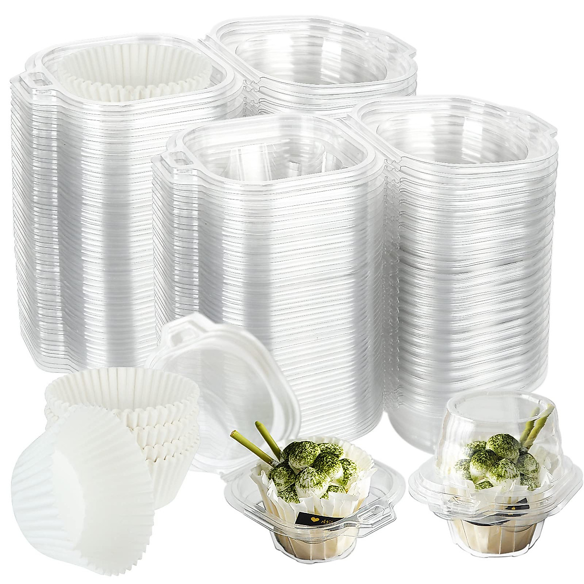 FVIEXE 100 Pack Individual Cupcake Containers, Single Plastic Cupcake Storage Boxes, Disposable Clear Cupcake Holder with Lid To Go Muffin Transport Carrier with 100 Pack Cupcake Liners for Party