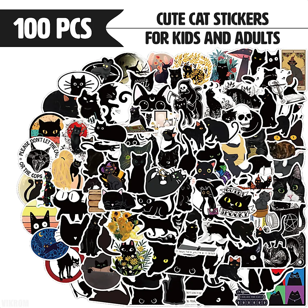 100pcs Waterproof Laptop Stickers Black Cute Cat Stickers for Water Bottles Kawaii Black and White Sticker Pack - Black Skateboard Sticker Computer Laptop Guitar Hydro Flask Phone