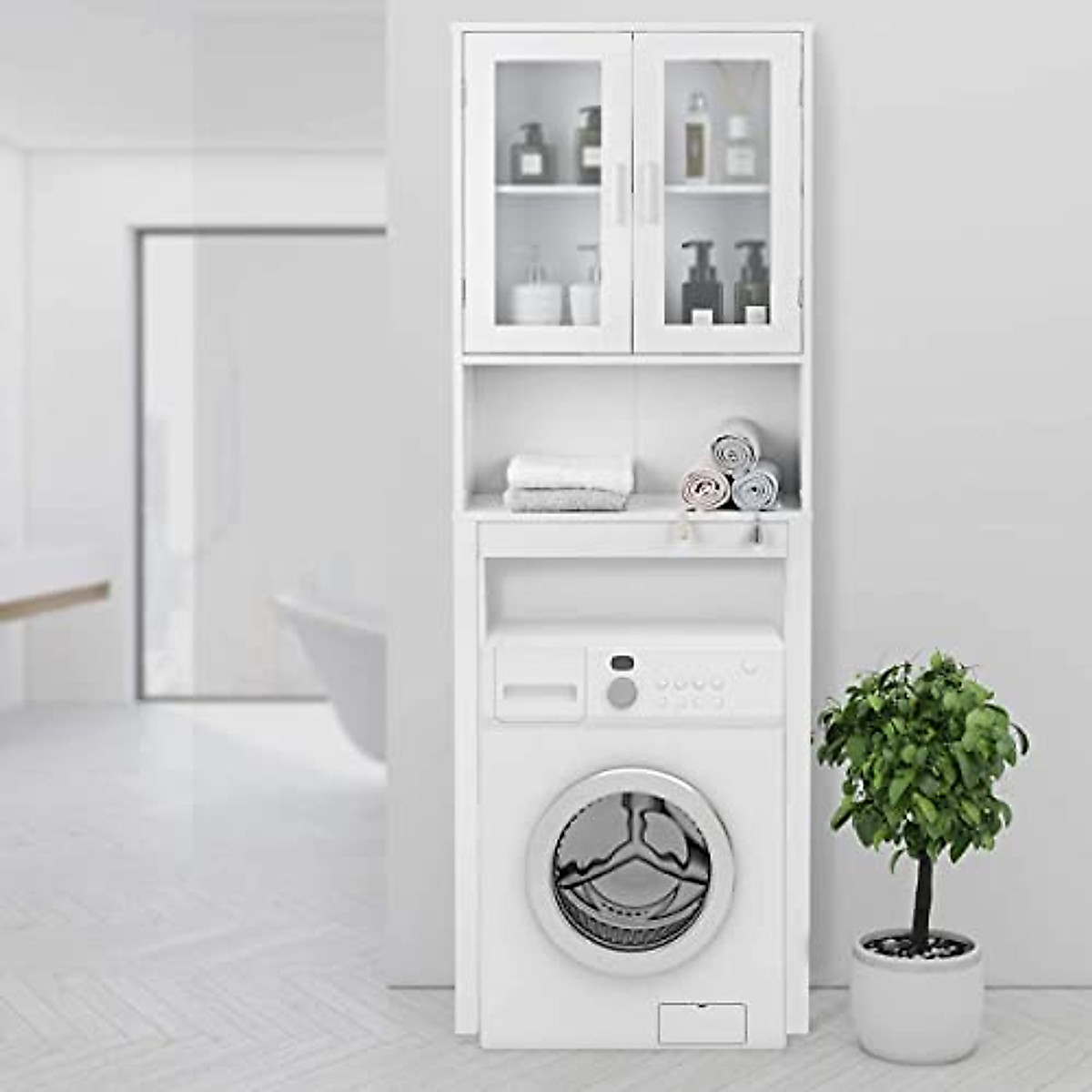 WATERJOY Over The Toilet Storage Cabinet, Bathroom Cabinet Organizer with 2 Moru Tempered Glass Door, Space-Saving Toilet Shelf, White