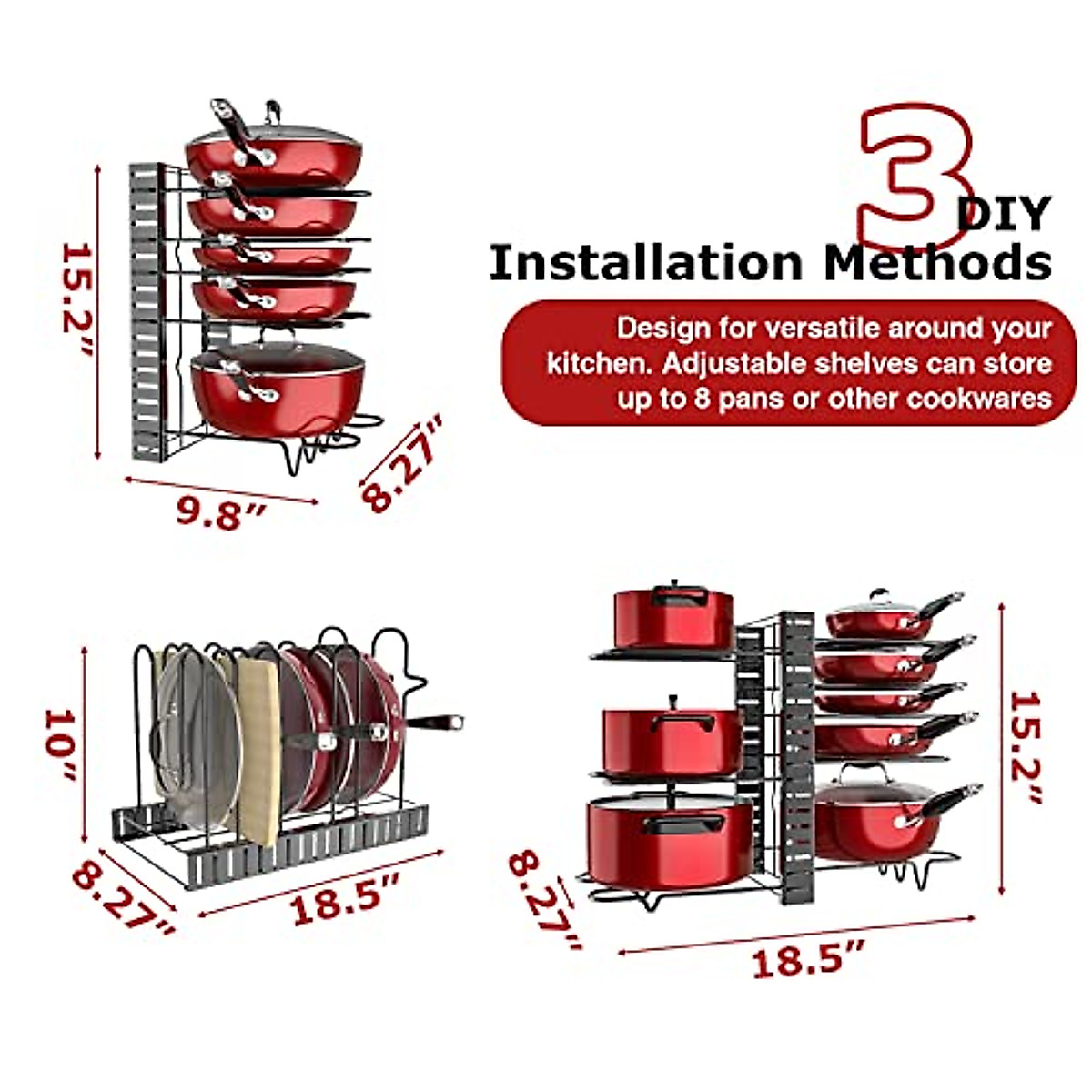 ASHARE Pot and Pan Organizer for Cabinet Adjustable 8 Tiers Pan Pot Lid Organizer Rack Holder with 3 DIY Methods Height Adjustable for Kitchen Counter and Cabinet, Black