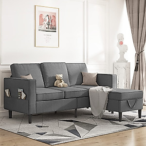 Mjkone Convertible Sectional Sofa Couch, 3-Seat L-Shaped Sofa with Storage Ottoman, Wooden Couch Legs Modern Linen Fabric Reversible Chaise for Living Room, Studio, Apartment- Deep Grey