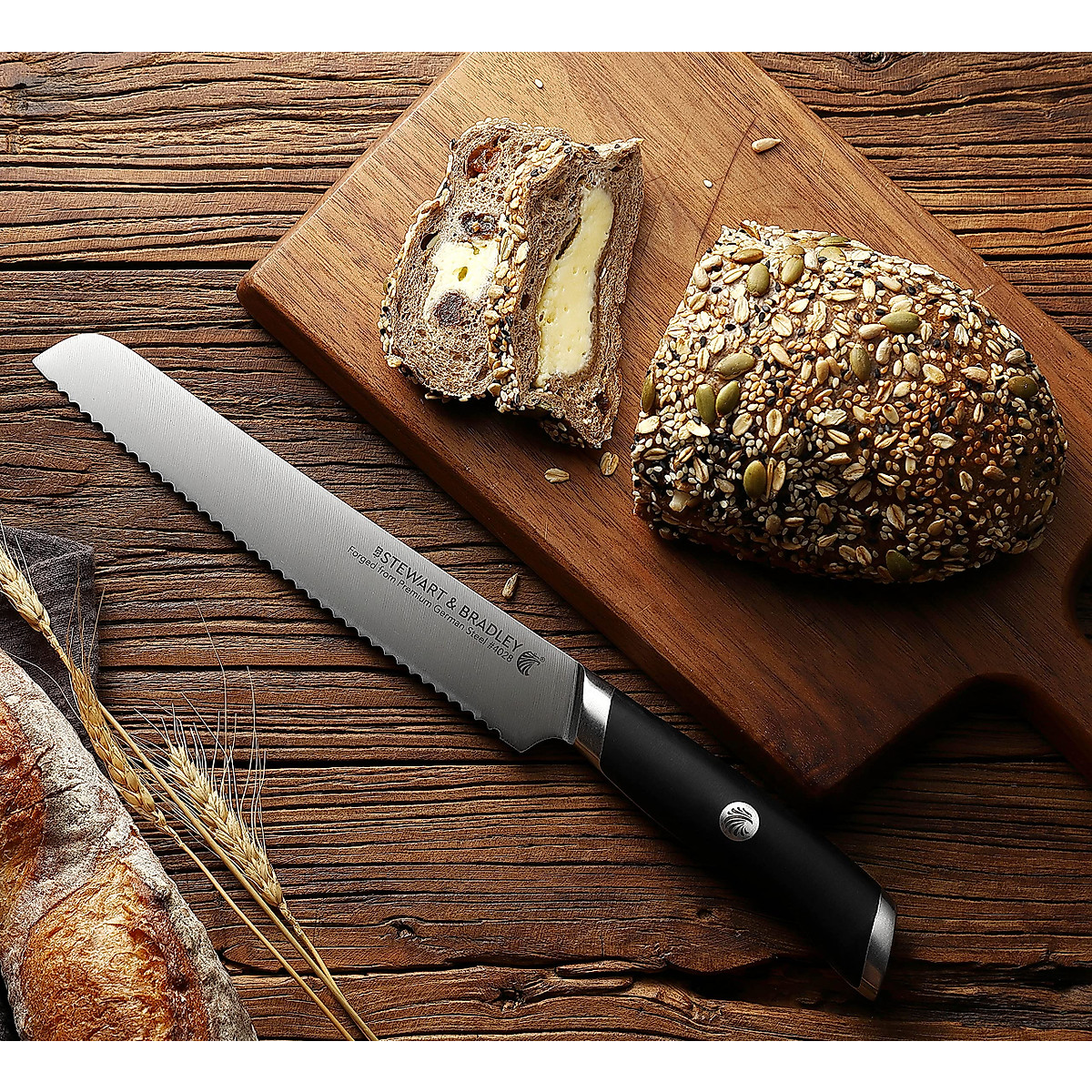 STEWART & BRADLEY 8Inch Serrated Bread Knife. MasterPro Series Full Tang, Razor Sharp, Ultra Fine Highly Tempered German Steel 4028, Forged to 1400 degrees, Precision Diamond Sharpened bread knife